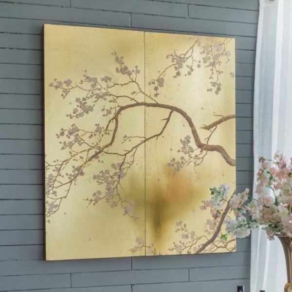壁掛2ケセット 【サイズ(cm)】54×4×120H【材質】100％Mdf【商品説明】金箔のようなゴールドの背景に描かれた桜の美しいパネルウォールアートです。大きく、芸術的な存在感があり、リビングルーム、ベッドルームなど、いろいろな場面にマ...