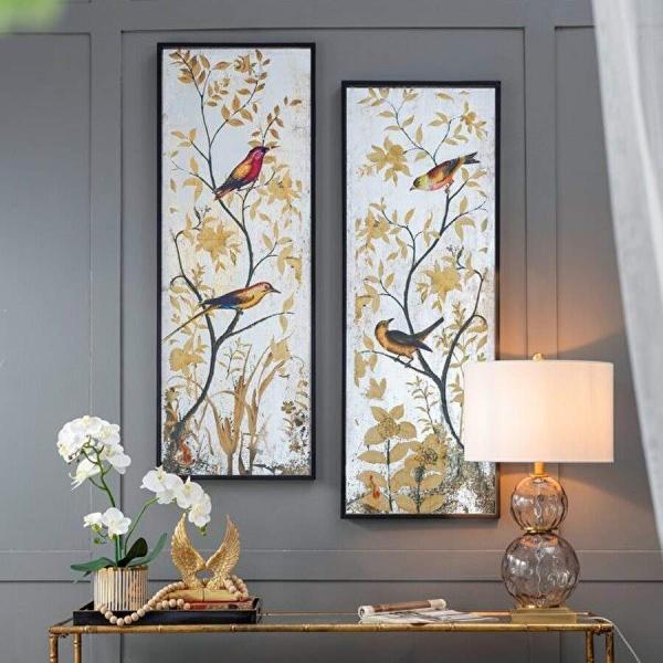 ミラーウォールデコレーション 鳥 バード 壁面装飾 壁掛 鏡 パネル 【サイズ(cm)】43×2.5×120cm【材質】30% Mdf30% 鏡20% アイアン【商品説明】優美な自然の情景が描かれた、この美しいミラーパネルのセットは、ご家庭...