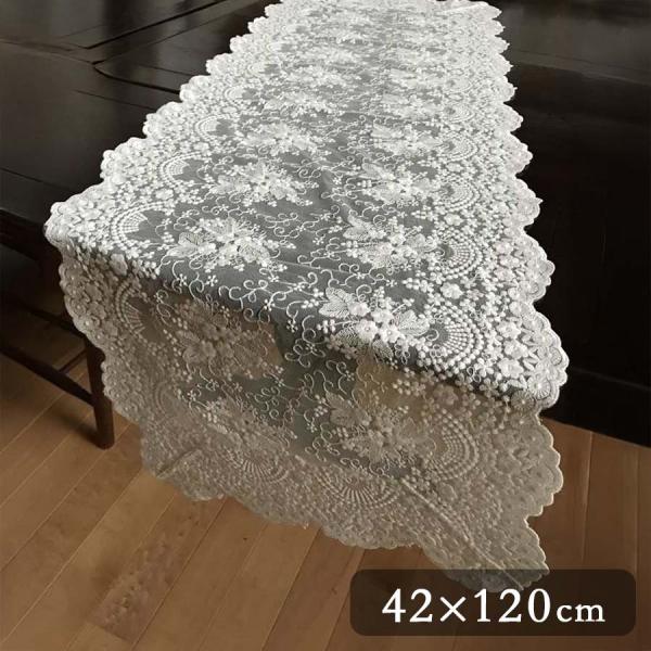 テーブルセンター table de fleurs テーブル ドゥフルールシリーズ 【サイズ(cm)】42x120【材質】チュールレース：ポリエステル100％、刺繍：綿100％【商品説明】春のにぎやかなテーブルをイメージして作られたチュールレ...