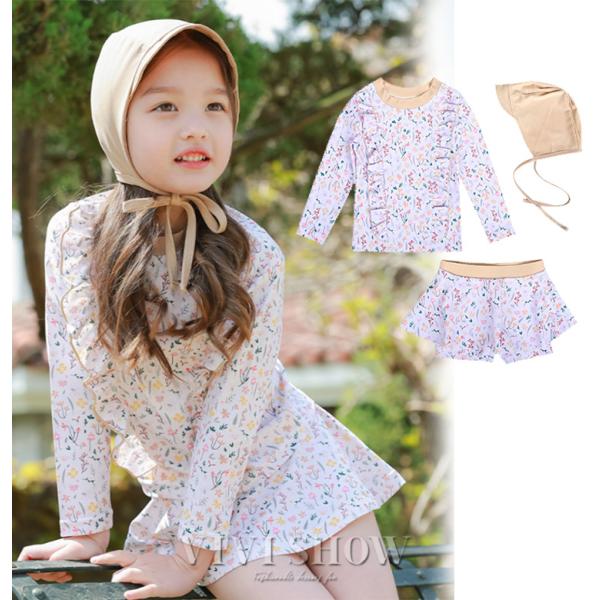 水着 ベビー キッズ  女の子 スイムウェア 上下セット 帽子付き ラッシュガード パンツスカート  子供 ジュニア セットアップ 長袖   紫外線対策  ポイント利用ブランド名：VIVISHOW商標登録番号：第５９１０５４０号■素材：ポリ...