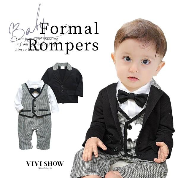 商品説明：大人気フォーマルカバーオール結婚式や入園式などに出席するベビーにピッタリ3点セット：ブレザー 、ロンパース、蝶ネクタイシーズン:秋と春モデルサイズ:6ヶ月 身長66cm重量8kg 70サイズ着用 大変可愛いベビーちゃんのフォーマル...