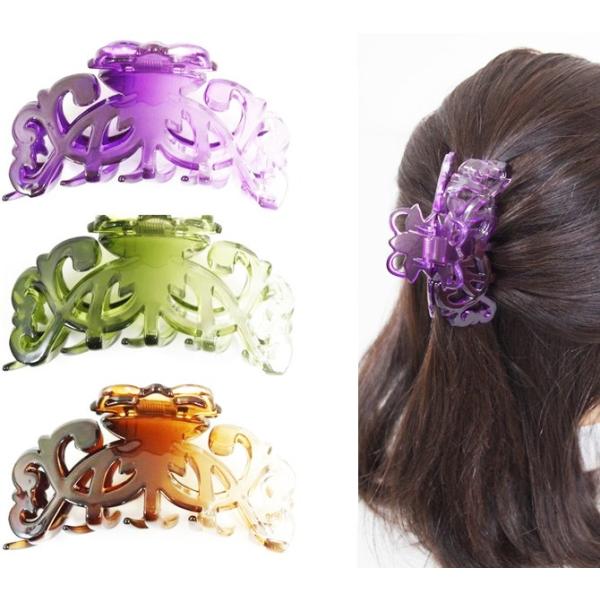デザイン性の高いヘアクリップ。しっかり留まります。【色】ブラウン、グリーン、パープル※ グリーンは新色のモスグリーンです 【サイズ (約)】　9 x 4.5 x 高さ 5 cm※ メール便不可×