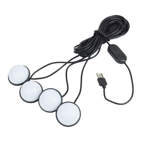 ライトサイズ(約)：直径4.4cm×高さ2.7cmケーブル長さ (USBからライトまでの長さ)フロント側(約)：1.7mリア側(約)：2.2m電圧＆電流：5V / 1.5A材質：プラスチック 他付属品：両面テープ重量(約)：156g製造国：...