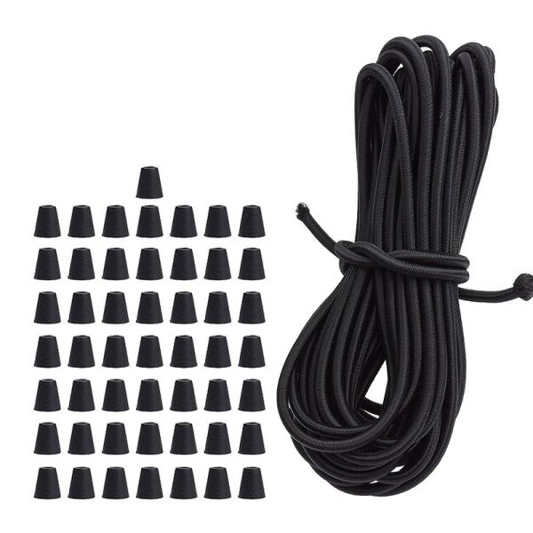 【ゴムロープ】長さ(約)：10m太さ(約)：5mm材質：ゴム、ポリエステル重量(約)：172g (10m) 製造国：中国【エンドストッパー】サイズ(約)：縦13mm×横12mm穴直径(約)：5mm材質：プラスチック入数：50個重量(約)：0...