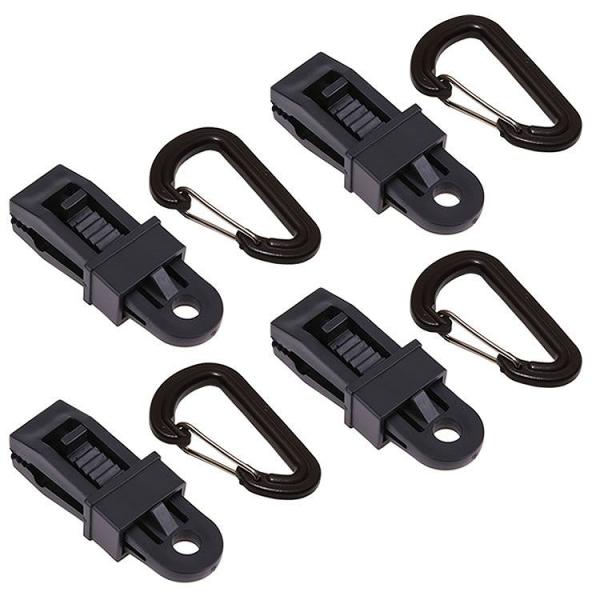アウトドアなどキャンプ用のタープクリップ4個セットです。天幕やテントを簡単に固定できます。テント、タープや天幕などに最適なアイテムです。刃型上のクリップでがっちり固定、スライド式で取付・取り外しもワンタッチで簡単です。材質：プラスチックカラ...