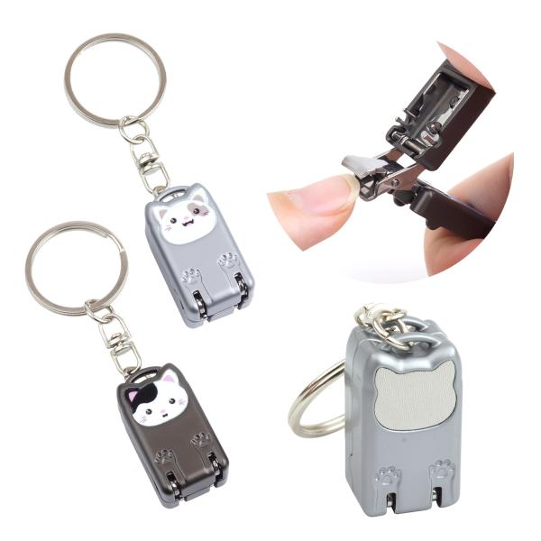 キーリング付き折りたたみ式の携帯爪切り。コンパクト設計折りたたみ式で約16mm×約30mmの超小型サイズ！携帯しやすいサイズ感でどこでも持ち運べます。キーリング付属鍵やカバンなどにつけることができて便利！かわいい猫が描かれており、キーホルダ...