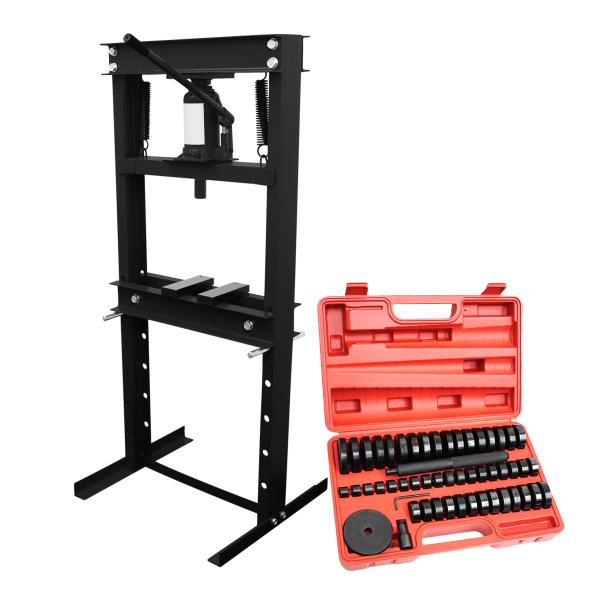 油圧ショッププレス&amp;リングアタッチメントのお買得セットです。自動車&amp;オートバイのメンテナンスに不可欠な油圧プレス12tです。12tまで圧力が掛けられますので大型パーツの圧入に最適!!鉄板等の歪み修正、シャフトの曲がり直しブッ...