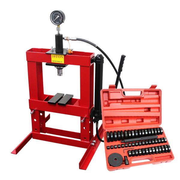 油圧ショッププレス&amp;リングアタッチメントのお買得セット。自動車&amp;オートバイのメンテナンスに不可欠な油圧プレス10tです。スペースを取らないコンパクトサイズ!!メーター付きなので、作業時の圧力が確認できます。鉄板等の歪み修正、...