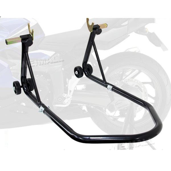 オートバイメンテナンスに、あると便利なリア専用バイクスタンドです。一見コンパクト、スリムなボディですが軽量ながらも安定した強度をもっております。組み立て式なので使用しない時は分解して保管・収納出来ます。  キャスター付でスムーズにスタンドア...