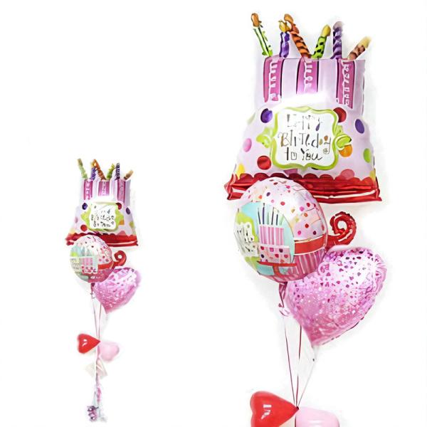 ケーキとスイーツをモチーフにした、華やかで可愛らしいバルーンブーケです。誕生日のお祝いはもちろん、各種パーティーやイベントの装飾としても活躍するバルーンギフトで、特別な一日をより印象的に演出します。女の子に人気の“スイーツ＆ケーキ”デザイン...