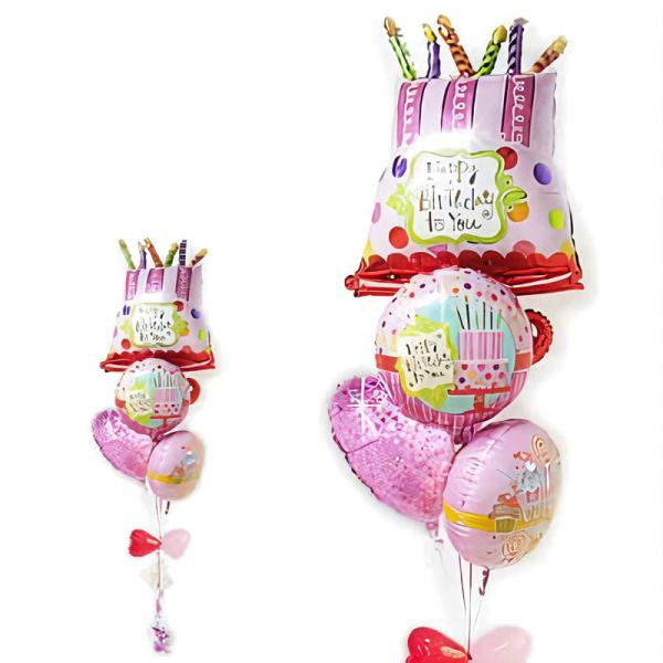 ケーキとスイーツをモチーフにした、華やかで可愛らしいバルーンブーケです。誕生日のお祝いはもちろん、各種パーティーやイベントの装飾としても活躍するバルーンギフトで、特別な一日をより印象的に演出します。女の子に人気の“スイーツ＆ケーキ”デザイン...