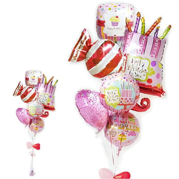 ケーキとスイーツをモチーフにした、華やかで可愛らしいバルーンブーケです。誕生日のお祝いはもちろん、各種パーティーやイベントの装飾としても活躍するバルーンギフトで、特別な一日をより印象的に演出します。女の子に人気の“スイーツ＆ケーキ”デザイン...