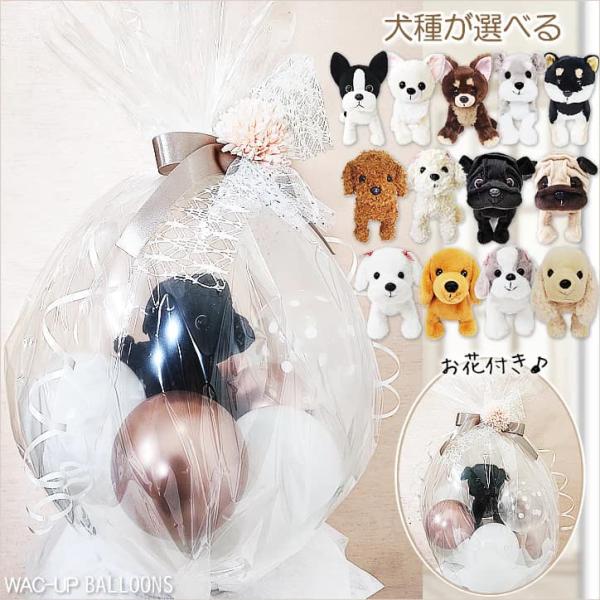 犬好きな方へのおすすめなプレゼント！選べる子犬のぬいぐるみバルーン電報ギフトローズゴールドを中心にホワイトやドットを使い人気のくすみカラーでアレンジ♪大人系おしゃれ感たっぷりに仕上げました。トップにお花やレース、リボンの飾りを付けてバルーン...