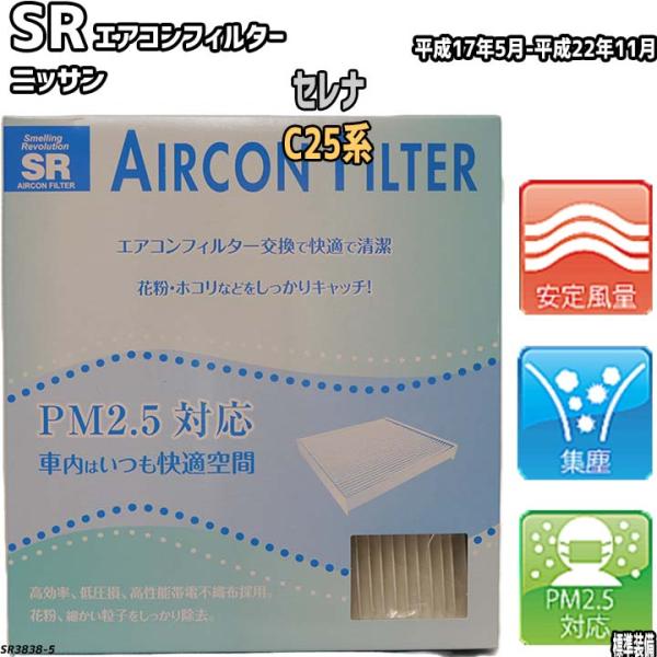 商品名 エアコンフィルターブランド MICROシリーズ SR販売品番 SR3838販売数量 1個【参考取付車種】参考メーカー ニッサン参考車種名 セレナ参考適応年式 平成17年5月-平成22年11月参考車両型式 C25系参考新車時の状態 標...