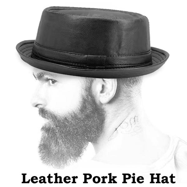 商　品　詳　細フェイク　レザーのポークパイハットです！トップが平らでブリム（ツバ）がクルリと上がったオシャレなハット、ポークパイハット。その名の由来は、ハットを上から見るとポークパイの様な形だから。高さも、ツバの形もコンパクトに収まって小粋...