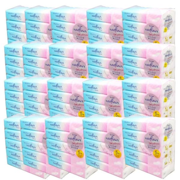 【neofleur tissue ソフトパックティッシュ５個×20】置き場所を選ばないシンプルデザイン！コンパクトなフィルム包装で、持ち運びにも便利です。◇パルプ100％。◇蛍光染料不使用。◇ティッシュペーパーは水に溶けにくいため水洗トイレ...