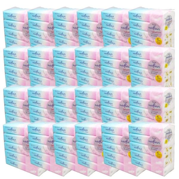 【neofleur tissue ソフトパックティッシュ５個×24】置き場所を選ばないシンプルデザイン！コンパクトなフィルム包装で、持ち運びにも便利です。◇パルプ100％。◇蛍光染料不使用。◇ティッシュペーパーは水に溶けにくいため水洗トイレ...