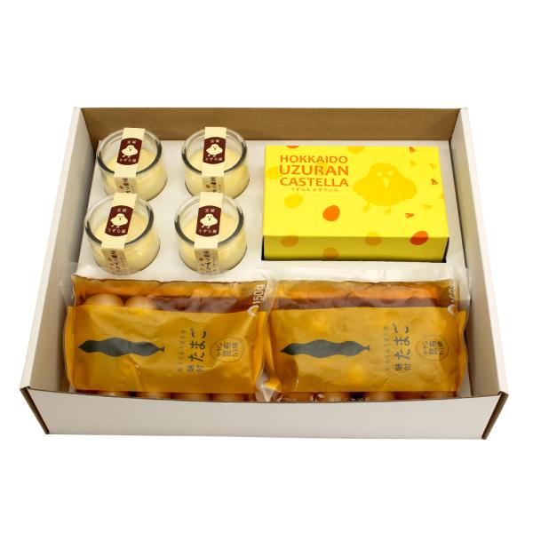 北海道室蘭産のうずら卵を使用したプリンとカステラ、室蘭で採れるヤヤン昆布だし味付うずら卵のセットです。------------ 　【おすすめ用途】※熨斗やギフト包装対応ができない場合がございます。各商品ページでご確認ください。 内祝 出産 ...