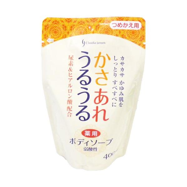 かさあれうるうる 弱酸性 薬用ボディソープ 詰替え　400ml（日本石鹸）【つめかえ用】カサカサかゆみ肌をしっとりすべすべに！●有効成分：グリチルリチン酸ジカリウム●その他の成分：ラウレス硫酸Na、ラウリン酸アミドプロピルベタイン液、ソルビ...