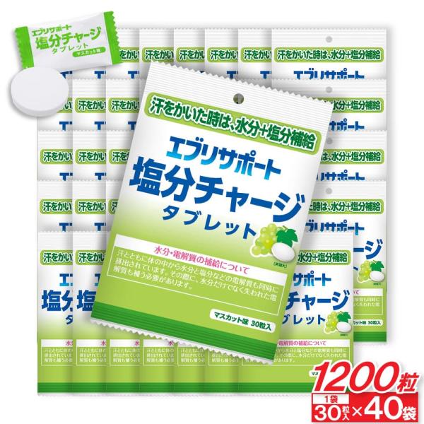 汗をかいた時は、水分+塩分補給エブリサポート塩分チャージ タブレットマスカット味30粒入（1袋当たり）本品を噛むか、なめてお召し上がりください。あわせて水分補給することをおすすめします。水分・電解質の補給について汗とともに体の中から水分と塩...