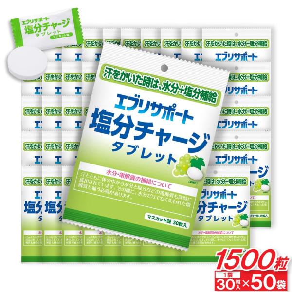汗をかいた時は、水分+塩分補給エブリサポート塩分チャージ タブレットマスカット味30粒入（1袋当たり）本品を噛むか、なめてお召し上がりください。あわせて水分補給することをおすすめします。水分・電解質の補給について汗とともに体の中から水分と塩...