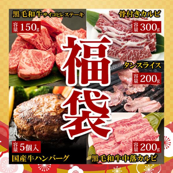 ■商品名称：焼肉セット 福袋■内容量：黒毛和牛 サイコロヘレステーキ 150g、国産牛 ハンバーグ 150g×5個、黒毛和牛 中落カルビ 200g、タンスライス 200g、骨付きカルビ 300g■消費期限：別途商品ラベルに記載■保存方法：冷...