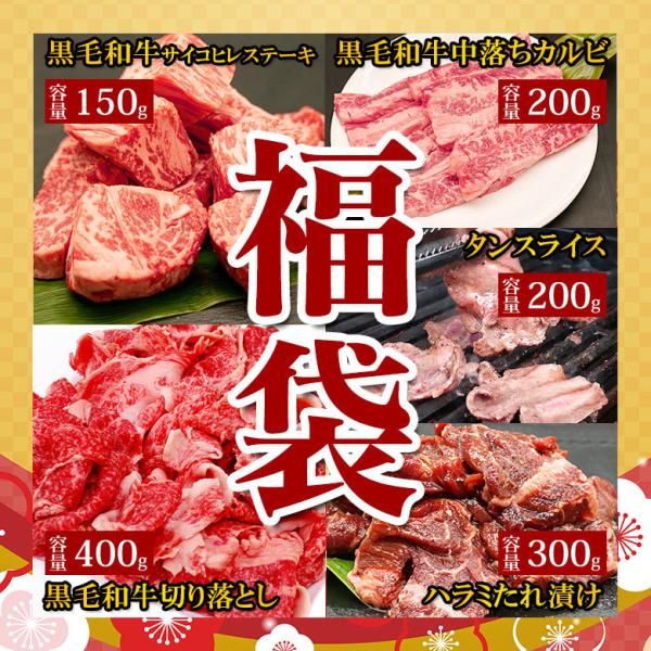 ■商品名称：焼肉セット 福袋■内容量：黒毛和牛 サイコロヘレステーキ 150g、黒毛和牛 切り落とし 400g、黒毛和牛 中落カルビ 200g、タンスライス 200g、ハラミたれ漬け 300g■消費期限：別途商品ラベルに記載■保存方法：冷凍...