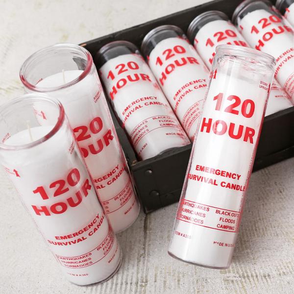 ■商品説明品名：EMERGENCY SURVIVAL CANDLE 120HOUR実際に米軍でも使用されている120時間（5日間）も燃え続けるエマージェンシーキャンドルです。アウトドアや防災用品として活躍する実用性はもちろん、瓶のプリントデ...