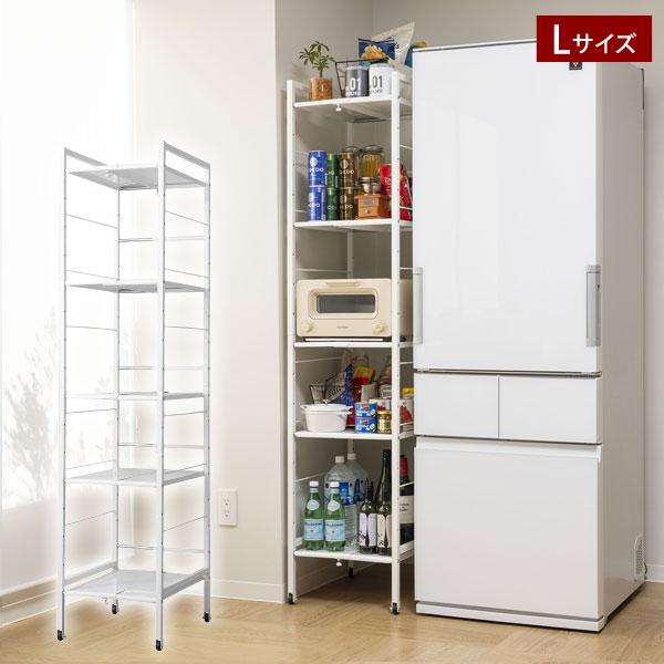 オープンラック スリム シェルフ 収納棚 洗面所 サニタリー 食器棚 冷蔵庫横幅を調整できるキャスター付きすき間収納ラック。食器棚、冷蔵庫の横、洗面所など、空いているすき間を有効活用できる収納ラック。調味料、缶詰、背の高いペットボトルやビン...