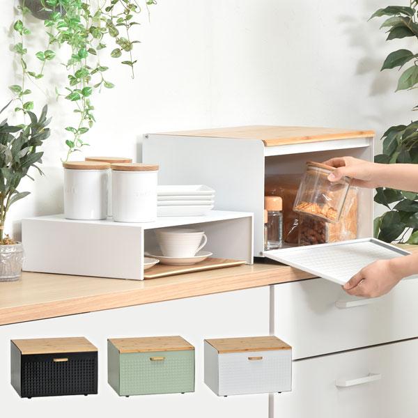 パンケース ストッカー レンジ置き レンジラック トースター台取り外しできるスチールの中棚付き大型ブレッドケース TREE。前面の扉と天板が開くので出し入れしやすく、生活感のあふれる雑貨をまとめて収納できてキッチンにおしゃれですっきりとした...