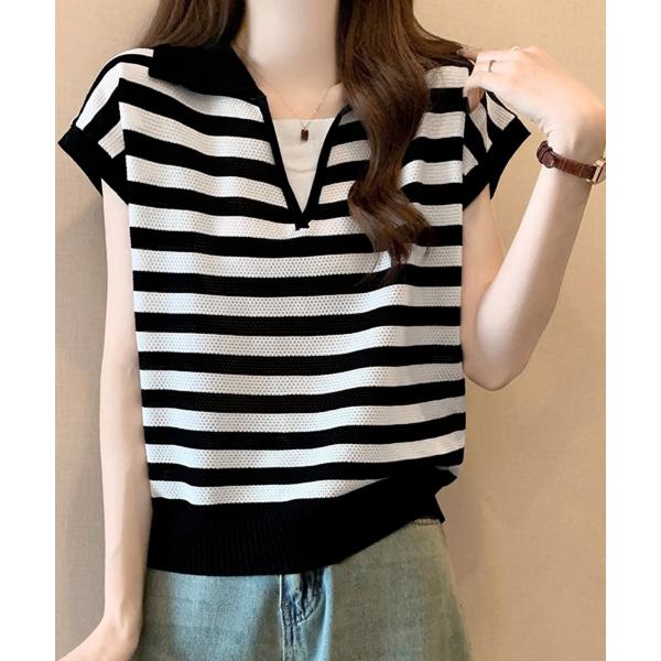 Vネック トップス/ゆったり ニット/重ね着風ニット薄手