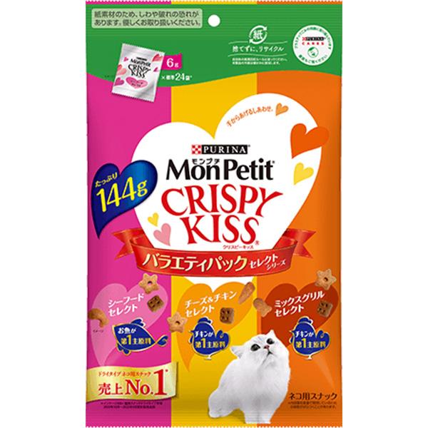 1袋に3つのおいしさ！人気の「クリスピーキッス」3フレーバーを大袋バラエティパックに。【保証分析値】たんぱく質：29％以上、脂質：15％以上、粗繊維：4％以下、灰分：9％以下、水分：8％以下【原産国】アメリカ【原材料】＜シーフードセレクト＞...