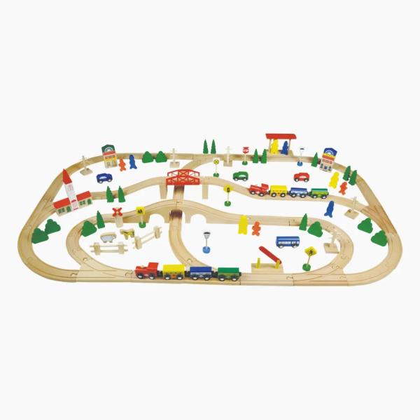 ●木製の鉄道遊びセットです。●子どもたちの夢を大きく育てる、いつまでも愛され続ける木製玩具です。●創造力と社会性を育みます。【サイズ】組立時：120×79cm【重量】3630g【材質】ブナ、イジュ、PE【セット内容】●レール×42●橋×3●...