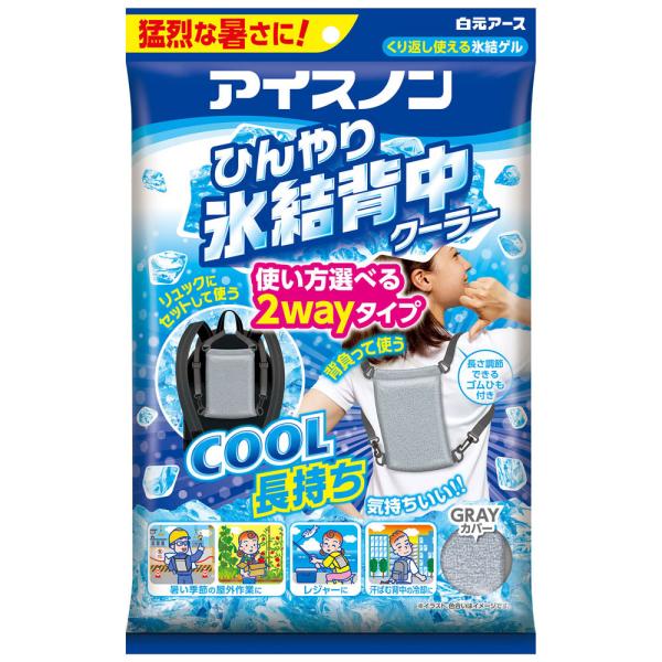 ●冷凍庫で凍らせるとカチカチに硬くなる氷結ゲルが背中をしっかり冷やします。●グレーカラーの洗える専用カバー付き。●専用カバーに入れて、そのまま背負うまたはリュックに取り付けることができる2way仕様です。●繰り返し使用できます。※対象年齢：...