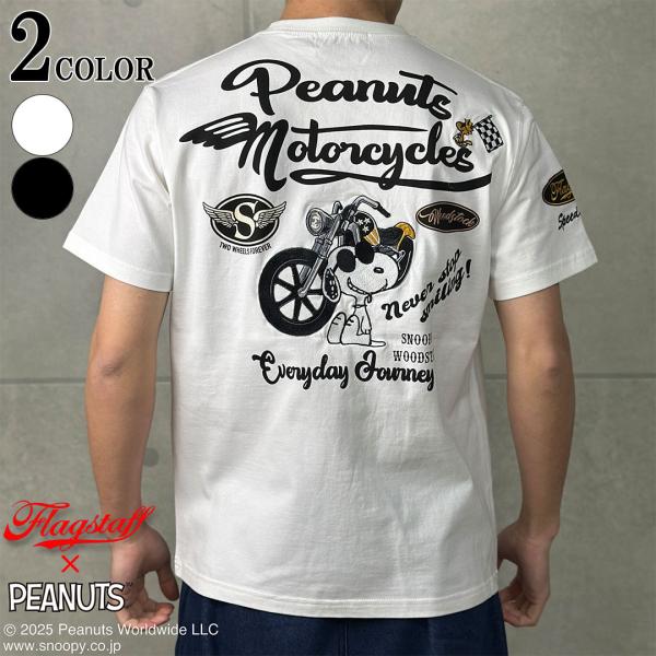 ●452094　SNOOPY×Flag Staff BIKER Tシャツ　大人気の SNOOPY コラボから新登場 !!　胸部にサングラスをしたWOODSTOCKのワンポイントがなんとも愛くるしい♪　アメリカンバイクとフラッグがポイントなワ...