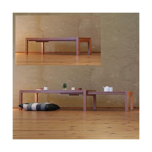 ■コンセプト：引っ張るだけの伸縮式ローテーブル　■商品名：ローテーブル　スクロール　1200-bc　/セミオーダー対応■サイズ：幅1200mm（最長時2120mm）　奥行き750mm  高さ350mm■素材：ブラックチェリー材　ブラックチェ...