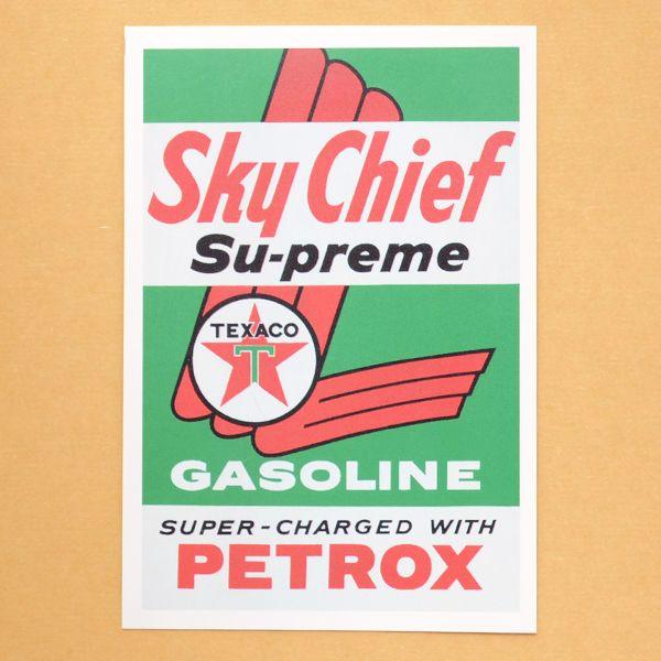サイズ(約)：タテ10.1cm×ヨコ6.9cmホワイト/グリーンほか。縦長四角形。Sky Chief/Su-preme/TEXACO GASOLINE/SUPER-CHARGED WITH PETROXの英字入り。オートバイ、ガソリン、モー...