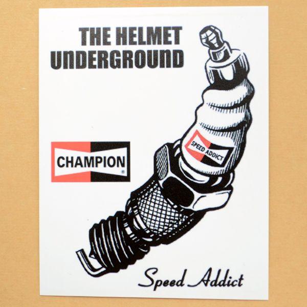 サイズ(約)：タテ10.2cm×ヨコ8cmホワイト/ブラックほか。縦長四角形。THE HELMET UNDERGROUND/CHAMPION/Speed Addictの英字入り。有名なロックアルバムのジャケットのパロディ!?オートバイ、ガソ...