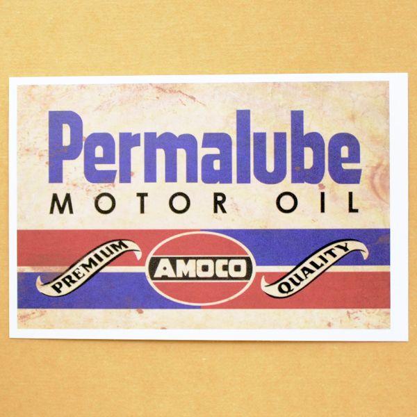 サイズ(約)：タテ6.8cm×ヨコ10.3cmブルー/レッドほか。横長四角形。AMOCO/Permalube MOTOR OIL/PREMIUM/QUALITYの英字入り。オートバイ、ガソリン、モーターオイル、パーツなど、モーターレーシング...