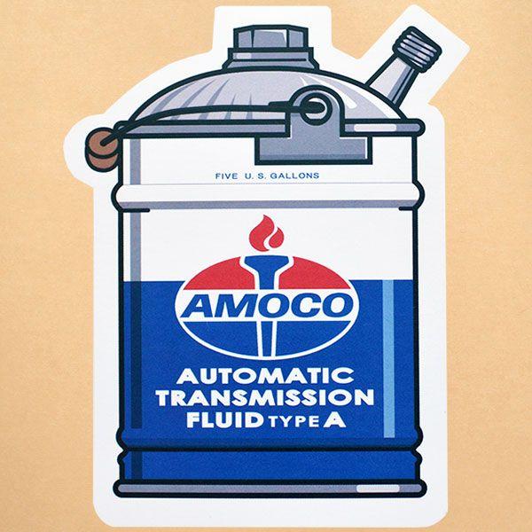 サイズ(約)：タテ10cm×ヨコ7.8cmブルー/レッド/ホワイトほか。オールドガロン缶形。アメリカのオイルカンパニー「アモコ(Amoco)」のロゴステッカー。Amoco/Automatic transmission Fluid Type ...
