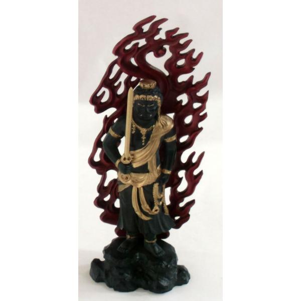 高岡銅器　仏像不動明王　彩色　青×淡赤サイズ（センチ）：高さ約２１．０×幅約８．３×奥行約４．５×身丈約１３．５<br>材質：合金製<br>箱：紙箱入り（少々汚れ有）<br>