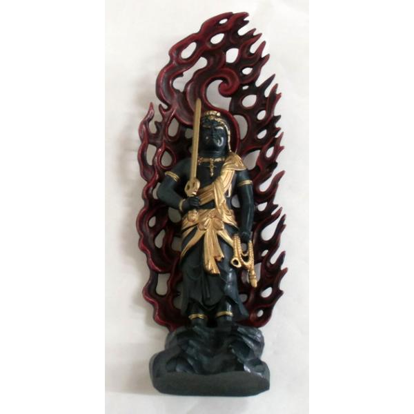 高岡銅器　仏像不動明王　青×淡赤色　彩色サイズ（センチ）：高さ約１５．５×幅約６．０×奥行約３．６×身丈約９．５<br>材質：合金製<br>箱：紙箱入り（少々汚れ有）<br>