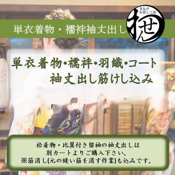 袖丈だしは、長襦袢・単衣お着物、羽織、コートが対象になります。筋けしも込みになります。白無垢、お引きづり、打掛などはお受けできません。※その都度電子メールにてお知らせをさせていただきますどうぞ安心してお着物をお預けください。