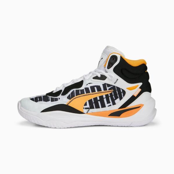 Puma Playmaker Pro Mid Block Party品目：メンズバスケットボールシューズシーズン：2023年春夏モデル品番：378328カラー：01 プーマホワイト/クレメンタインアッパー：合成繊維/人工皮革/合成樹脂（ポリ...