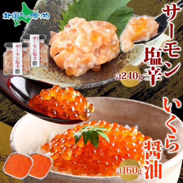 北海道の魅力が詰まった…！「サーモン塩辛といくら醤油」のセットです。■商品内容：サーモン塩辛 120g×2いくら醤油漬け 80g×2■加工地：北海道弟子屈町■お届け日：最短で13時までのご注文は当日発送となります。（土日祝日・年末年始を除く...
