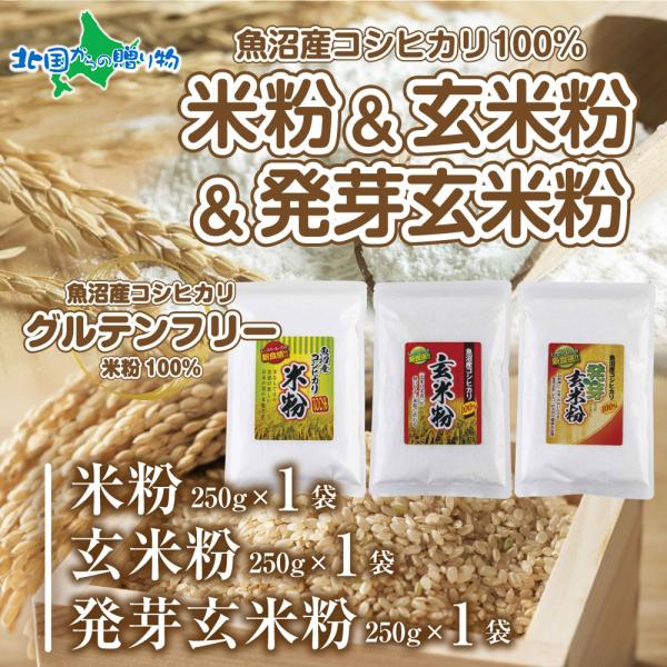 ■商品内容：米粉3種（米粉 250g、玄米粉 250g、発芽玄米粉 250g）■お届け日：4-5日以内に発送予定（土日祝日・年末年始を除く）■送料：送料無料（沖縄・離島、一部地域は配送不可）■配送方法：常温便■保存方法：常温保存。直射日光、...