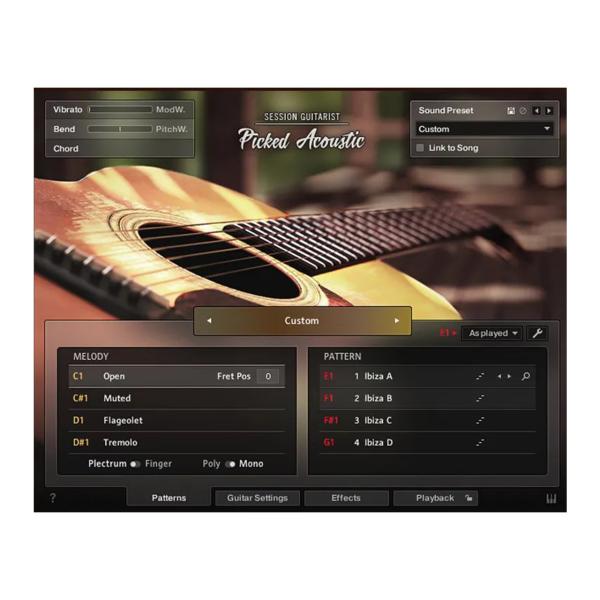 この製品には、2つのパワフルなKONTAKTインストゥルメントが用意されています。1つはピック奏法とストラム奏法の本格的なパターンを194種類搭載したパターンベースのインストゥルメント、もう1つは独自のメロディーのプログラムと演奏ができるイ...