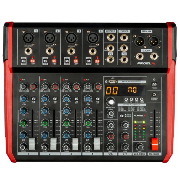 PLAYMIXミキサーは、イタリアPROEL社によって入念に設計・製造され、コンパクト＆頑丈なボディで、プライベートスタジオから、ステージ、音響設備での使用に耐えうる耐久性を備えています。◆8チャンネルミキサー◆最大マイク入力 4ch◆Bl...