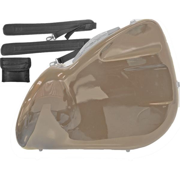 表面の加工がツルツルのため細かい傷や擦り傷などがあります。フレンチホルンはデタッチャブルタイプ(ベルが取れるタイプ)とワンピースタイプ(ベルが取れない一体型)のものがあり、こちらはワンピースタイプ用のケースですが、ベルをはずさなければデタッ...