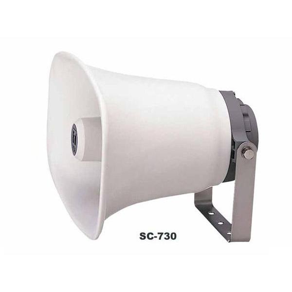 SC-730A・車載用ホーンスピーカー　30W  ローインピーダンススピーカー・定格入力16Ω・小型軽量で広報、案内放送に適した明瞭性の良い車載用スピーカです。ホーンA筒はアルミで粉体塗装仕上げ、アングル、ねじ類はステンレスを用い、耐候性に...